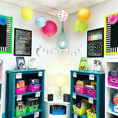 Complete Classroom Library Corner With Colorful Decor And Genre Labels