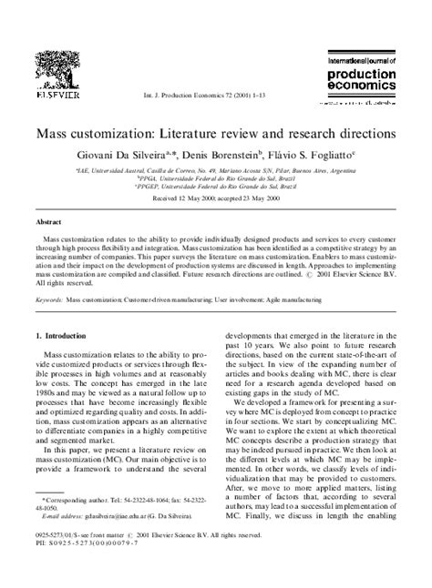 Pdf Mass Customization Literature Review And Research Directions