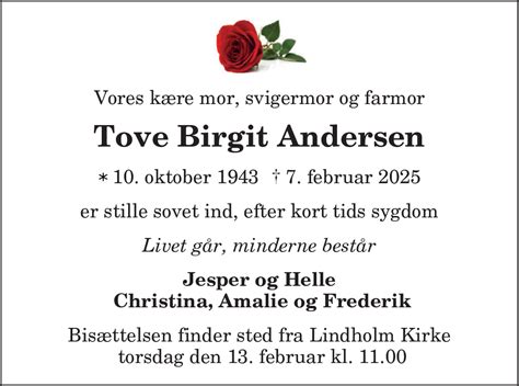 Dødsannonce For Tove Birgit Andersen Nordjyskedk