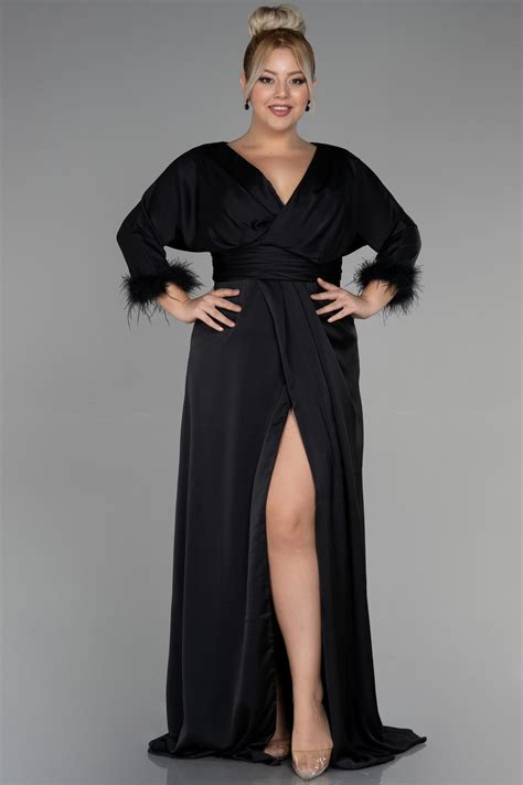 Long Black Satin Plus Size Evening Dress Abu3367