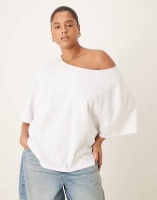 Asos Design Curve Slouchy Off Shoulder Oversized Tee In White Asos
