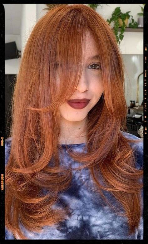 Copper Brown Curtain Bangs And Layers Ginger Hair Color Ginger Hair