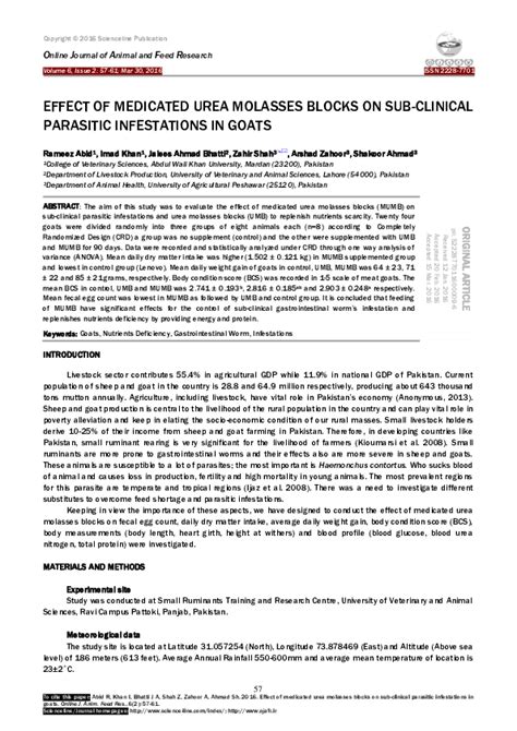 Pdf Effect Of Medicated Urea Molasses Blocks On Sub Clinical Parasitic Infestations In Goats