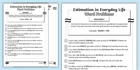 Estimation In Everyday Life Word Problems Worksheet