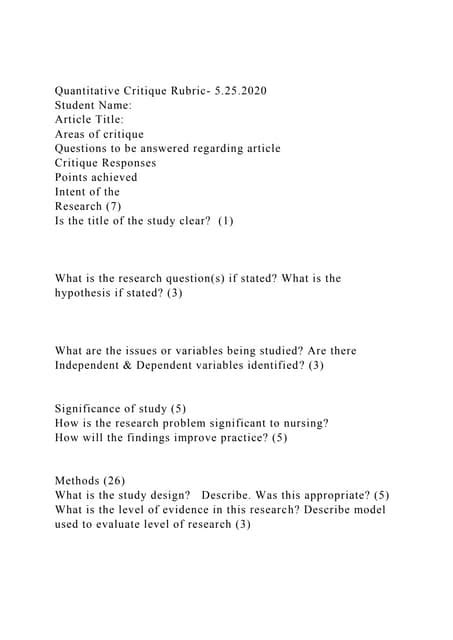 Quantitative Critique Rubric 5252020student Name Docx