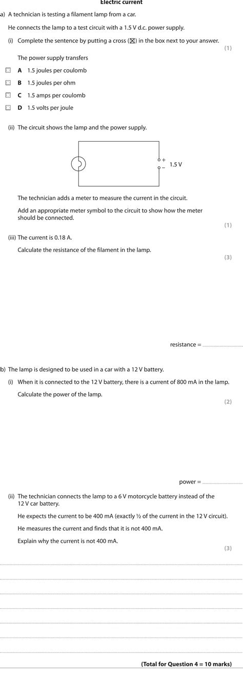 Gcse Edexcel Physics Current A Technician Is Testing A Filame