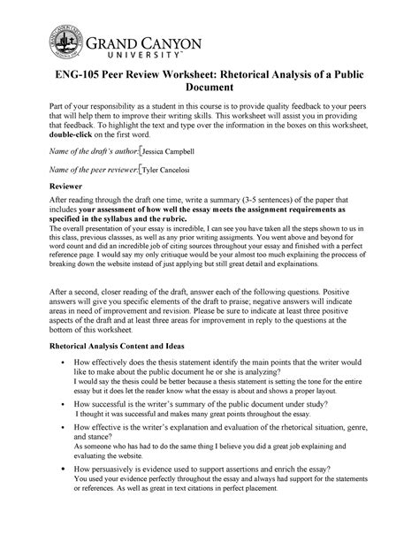 Peer Edit Assigments Eng 105 Peer Review Worksheet Rhetorical