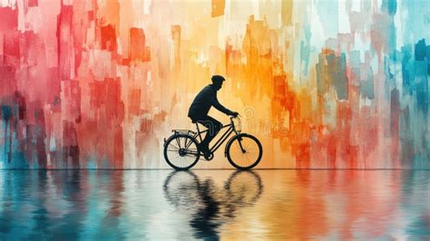 Cyclist Silhouette Reflected In Water Against Colorful Urban Sunset