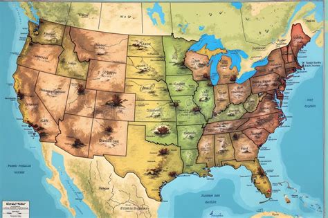 United States Detailed Topographic Map With Cities And Borders Stock
