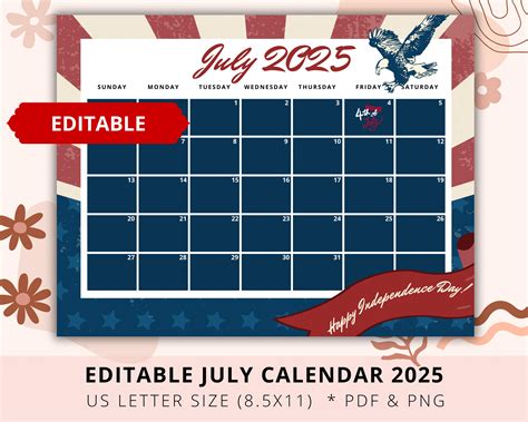 Editable July 2025 Calendar Printable America Independence Holiday