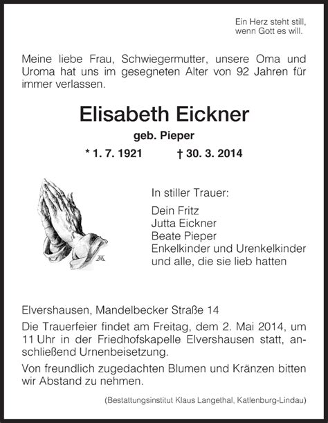 Traueranzeigen Von Elisabeth Eickner Trauer Hna De