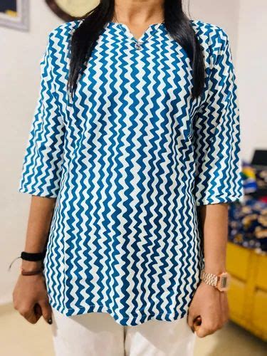Crepe Fabric Sky Blue Zig Zag Printed Short Kurti Size M At ₹ 105