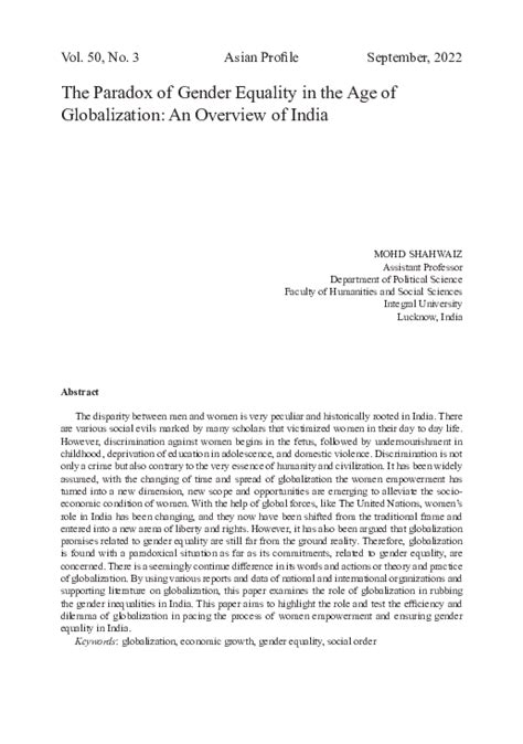Pdf The Paradox Of Gender Equality In The Age Of Globalization An Overview Of India