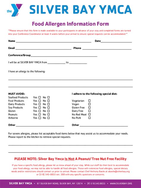 Fillable Online Food Allergen Information Form Silver Bay Ymca 2023