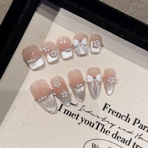 2 Shapes White Cat Eye French Tip And Pearl Bow Handmade Press On Nails
