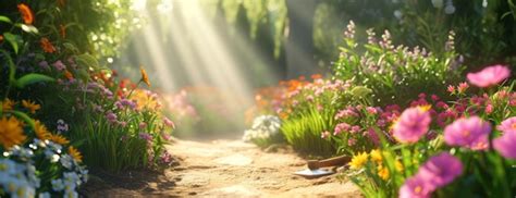 Premium Photo Beautiful Garden A Path With Colorful Flowers Dreamy