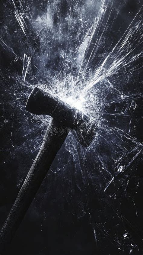 Black Hammer Shattering Glass In Dramatic Close Up Stock Illustration