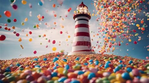 Lighthouse Is Being Hit By A Large Wave Of Candy That Is Spilling Over