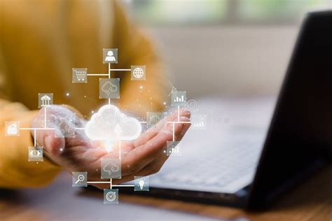 Man Working At Cloud Data Icon Cloud Computing Diagram Show On Hand