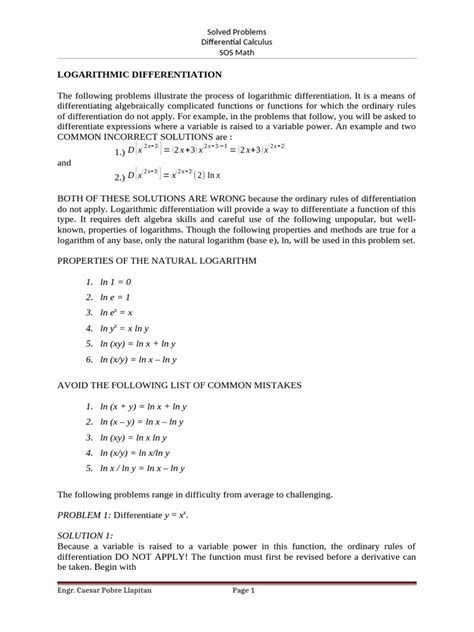 Logarithmic Differentiation Problems Pdf Derivative Equations