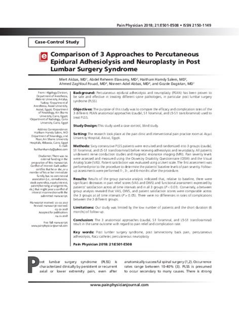 Pdf Comparison Of 3 Approaches To Percutaneous Epidural Adhesiolysis