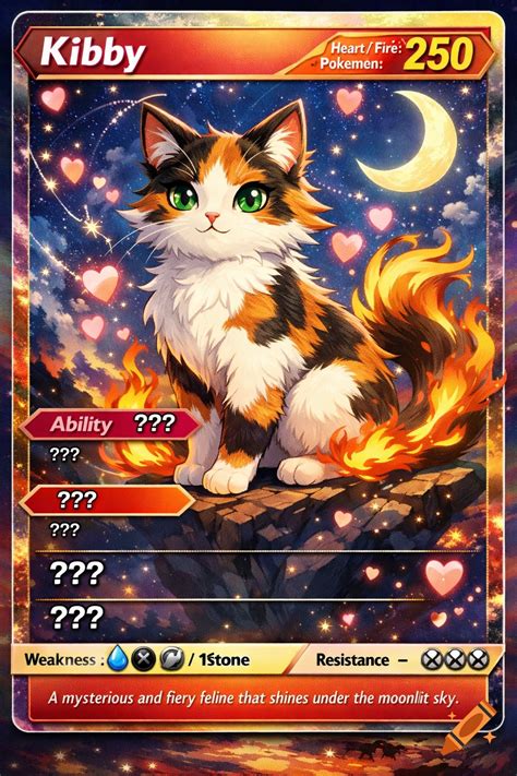 An Anime Style Trading Card Featuring A Calico Cat With Green Eyes And