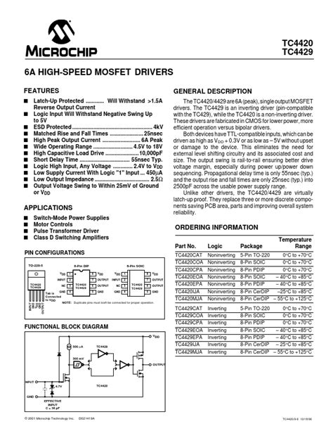 Tc4429 Datasheet Cdip 15v Mosfet Drivers Microchip Technology