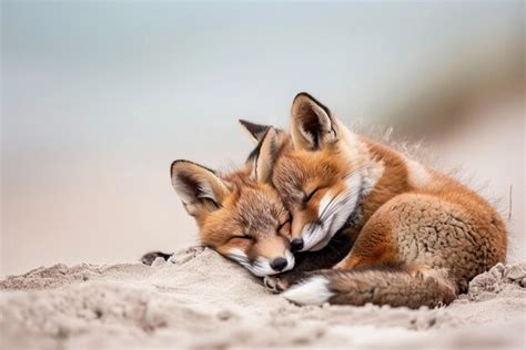 Two Foxes Are Sleeping Together On The Beach Premium Ai Generated Image