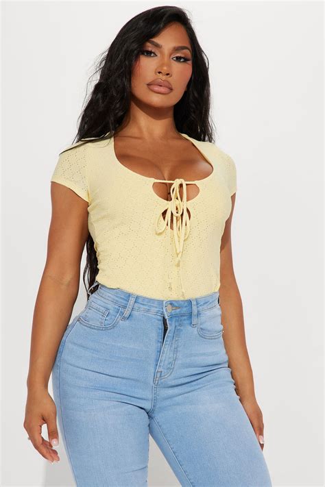 Sweetest Around Eyelet Bodysuit Yellow Fashion Nova Bodysuits