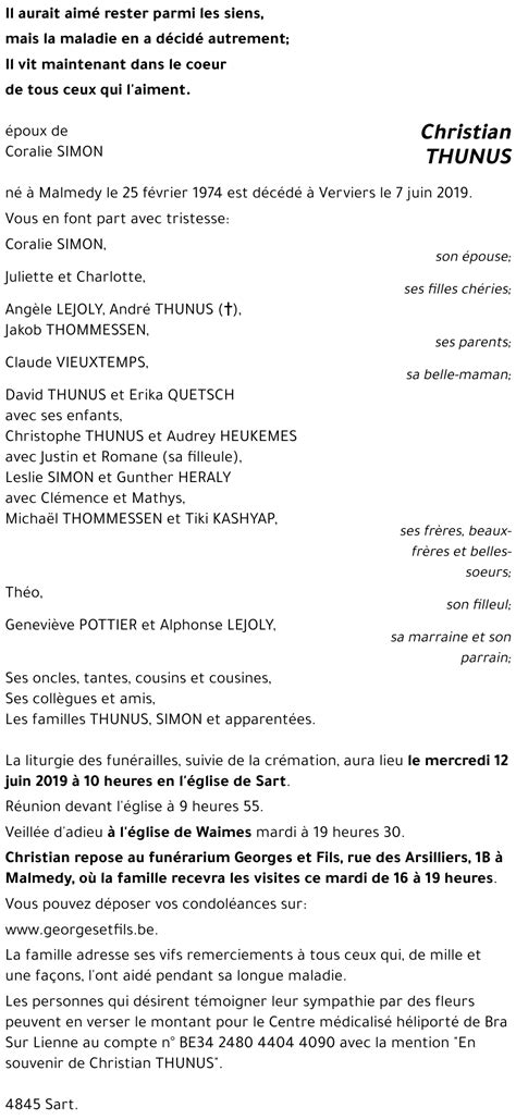 Avis De Décès De Christian Thunus Décédé Le 07 06 2019 à Verviers