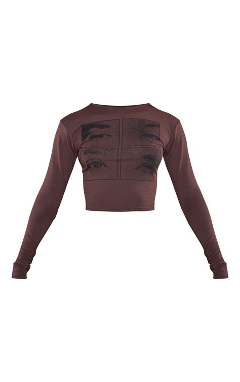 Chocolate Cotton Eye Print Long Sleeve Crop Top Tops Plt Qa
