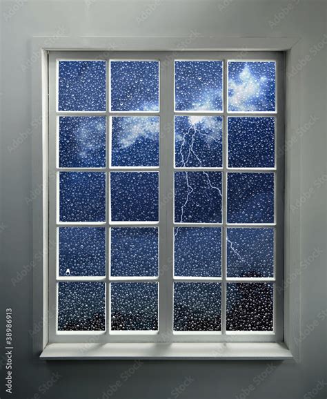 Modern Residential Window With Lightning And Rain Behind Stock