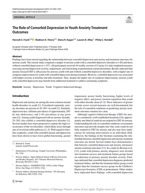 The Role Of Comorbid Depression In Youth Anxiety Treatment Outcomes