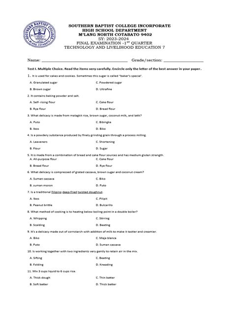 Final Exam Tle 7 Pdf Flour Cakes