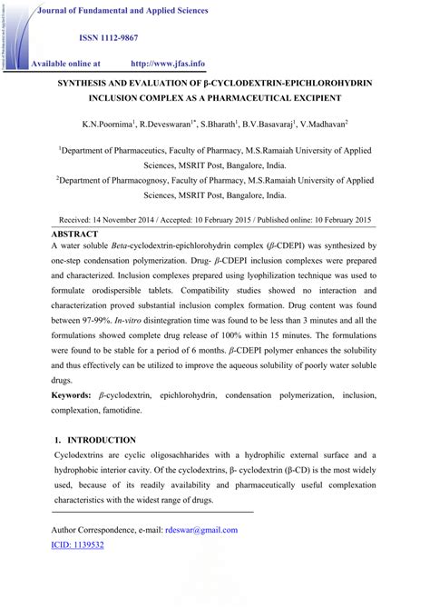 Pdf Synthesis And Evaluation Of β Cyclodextrin Epichlorohydrin