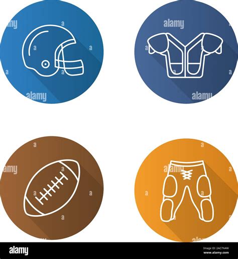 American Football Equipment Flat Linear Long Shadow Icons Set Helmet