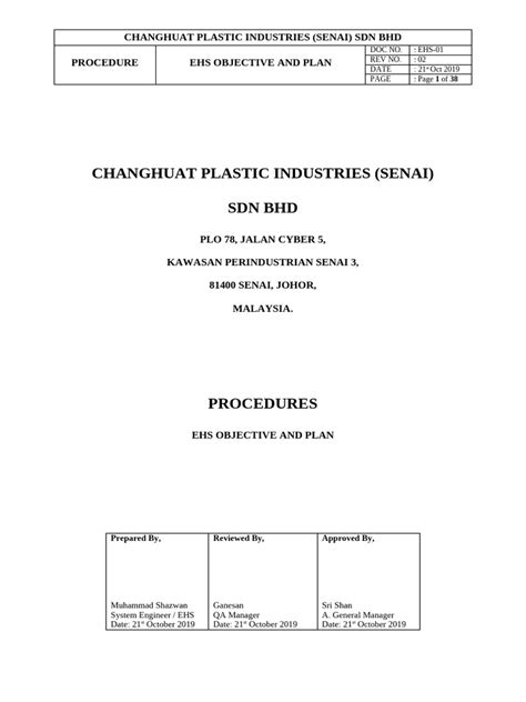 Ehs 01 Ehs Objective And Plan Pdf Occupational Safety And Health