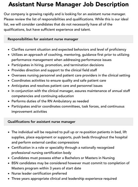 Assistant Nurse Manager Job Description Velvet Jobs