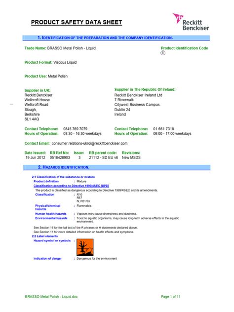 Brasso Metal Polish Safety Data Sheet Pdf Working Conditions Occupational Safety And Health