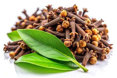 Aromatic Fresh Cloves With Vibrant Green Clove Leaf On White Background