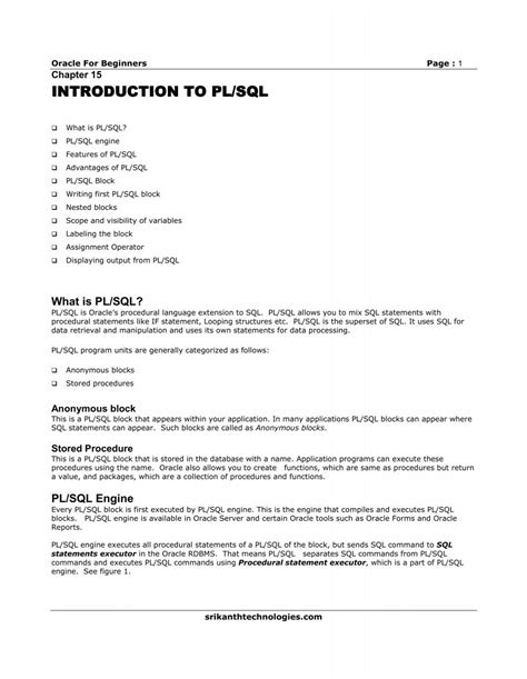 Introduction To Plsql Srikanth Technologies