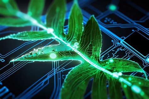 Closeup Of Green Leaf With Digital Circuit Patterns Symbolizing The