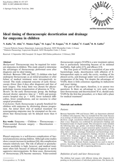 Pdf Ideal Timing Of Thoracoscopic Decortication And Drainage For