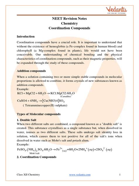 Coordination Compounds Class 12 Notes Neet Chemistry Pdf Pdf