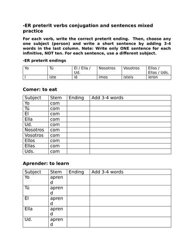 Er Preterit Verbs Conjugation And Sentences Mixed Practice Teaching