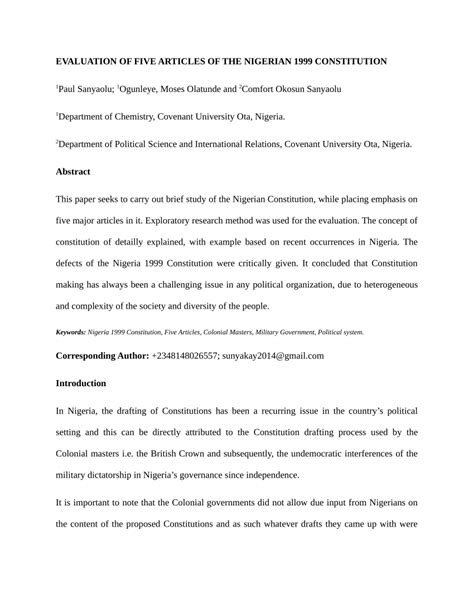 Pdf Evaluation Of Five Articles Of The Nigerian 1999 Constitution