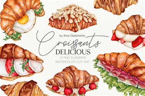 Watercolor Breakfast Croissants Clipart Sweet Croissant With