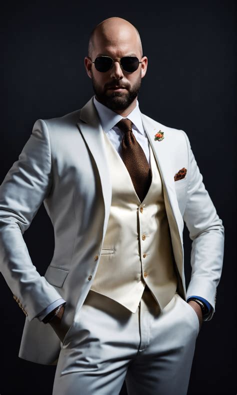 Lexica Image Of Bald Andrew Tate Short Beard In A White Suit With