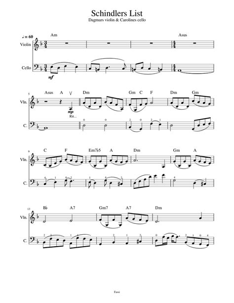 Schindlers List Violin And Cello Sheet Music For Violin Cello String