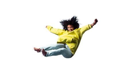Free Psd View Of Happy Woman Jumping In Mid Air